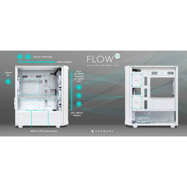 Tecware Flow M TG mATX Case (with 4X120mm Fan) Black | White – DynaQuest PC