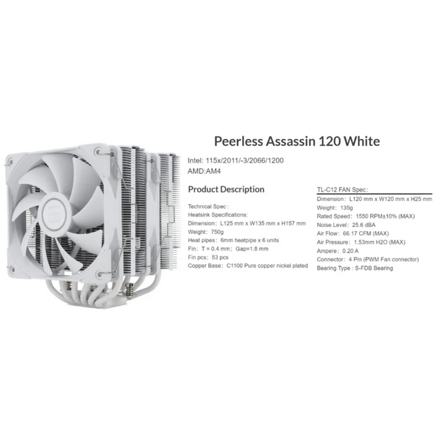 Thermalright Peerless Assassin PA 120 White TL-C12-Wx2 CPU Air Cooler ...